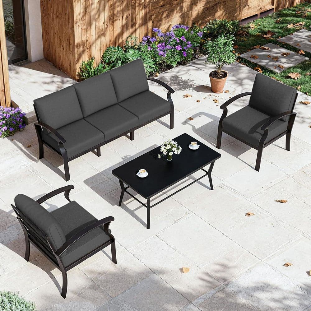 Halmuz 4-Piece Patio Aluminum Conversation Set with Rectangular Table ...