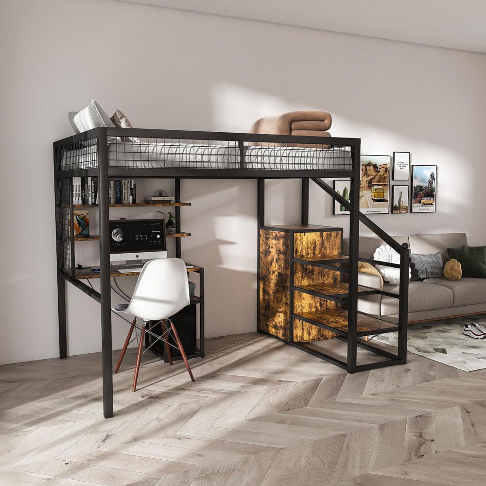 Black Full-Size Iron Loft Bed with Desk Wardrobe and Storage Rack ...