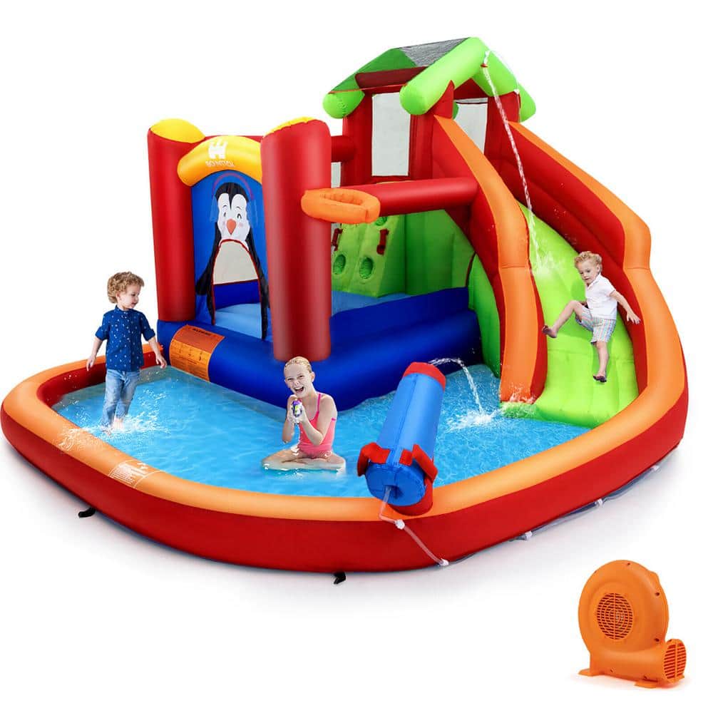 Gymax Inflatable Oval Slide Bouncer and Water Park with Splash Pool ...