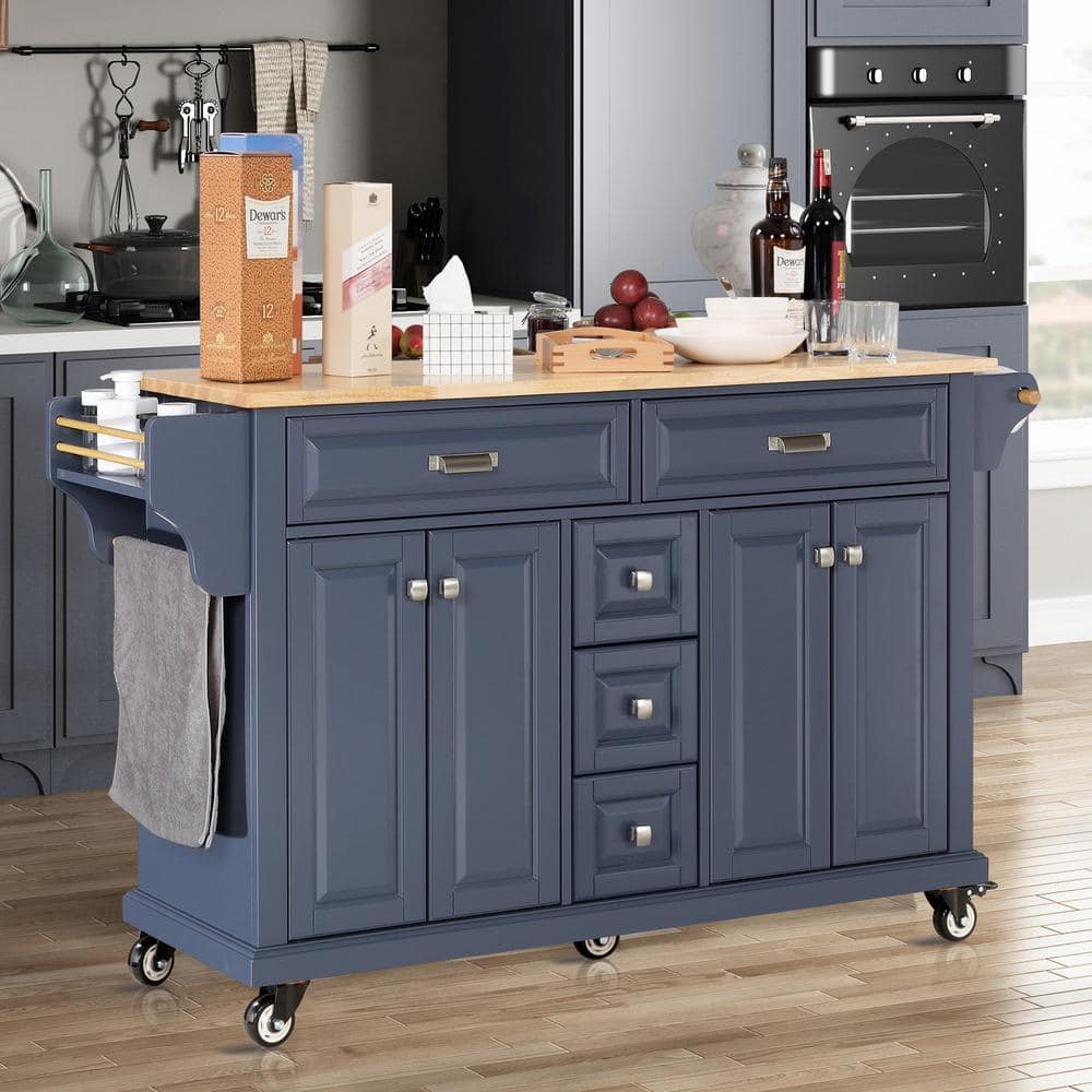 Staykiwi Blue MDF Kitchen Cart with 4 Door Cabinet, Spice Rack and ...
