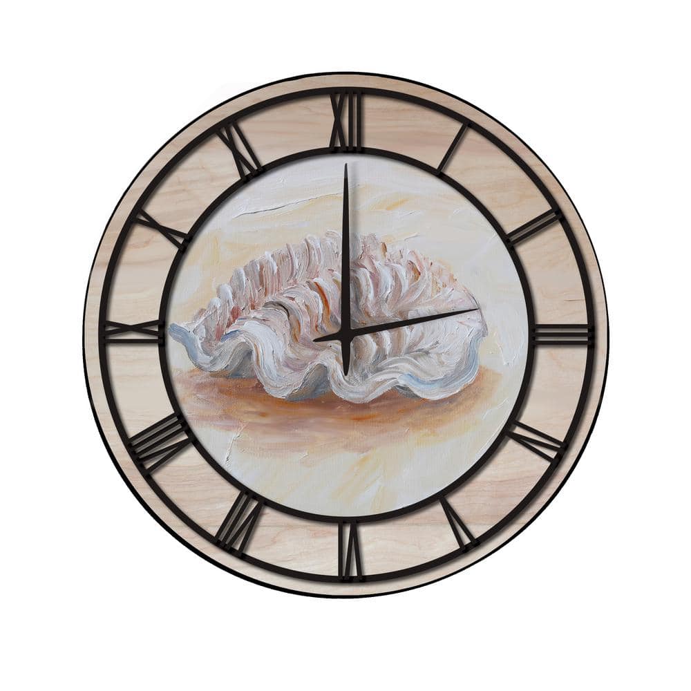 "Sea Shell #1" Woodgrain Accent and Black Numbers Imaged Wall Clock CL ...