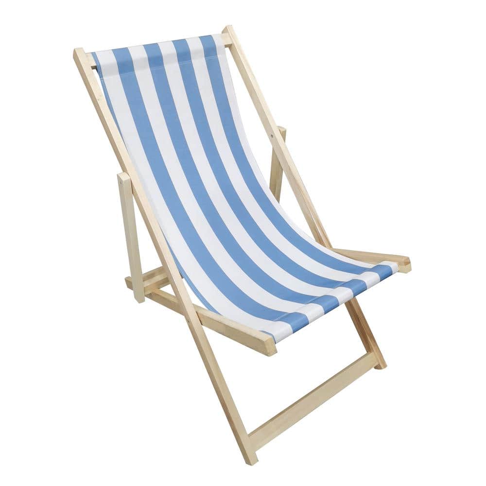 AUTMOON Outdoor Wood Wide Blue Stripes Beach Chair, Light Blue ...