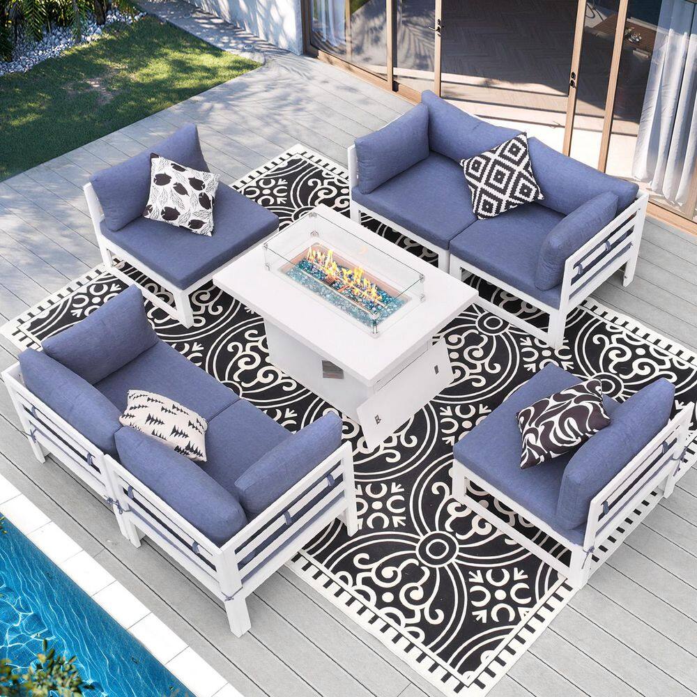 7-Piece White Aluminum Patio Conversation Set Fire Pit Patio Sets with ...