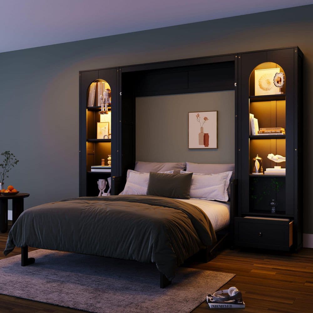 Noble House Ruby Black Wood Frame Queen Size Murphy Bed with Shelf ...
