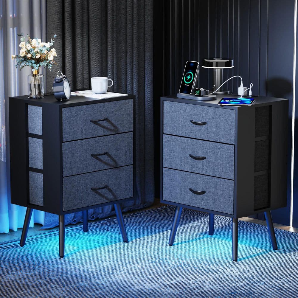 Seafuloy Black 2-Piece Modern Nightstand w/ Charging Station and LED ...