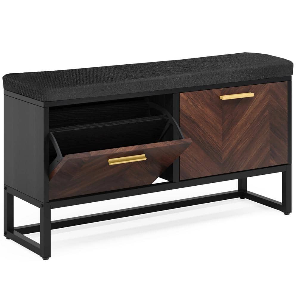Tribesigns 24 in. H x 39 in. W Brown and Black Wood Shoe Storage Bench ...