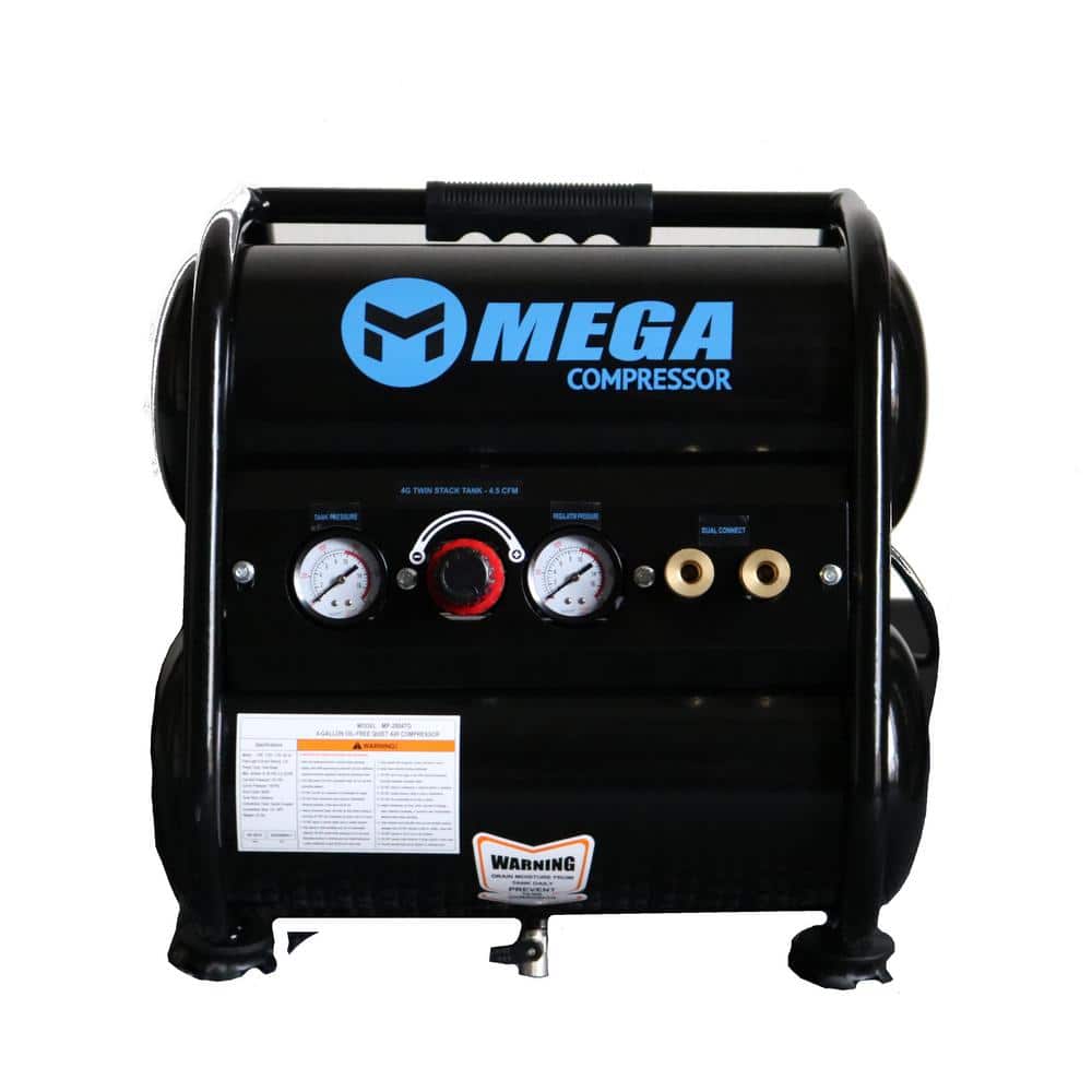 Mega Compressor Silent 4 gal. 2HP 135 PSI Twin Tank Oil Free Corded ...