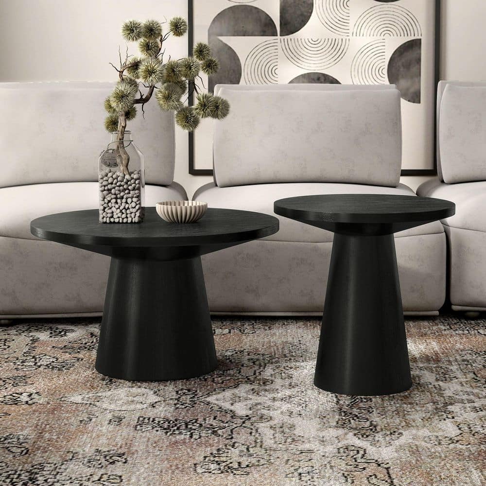 Furniture of America Leander 2-Piece 29 in. Black Round Wood Coffee ...