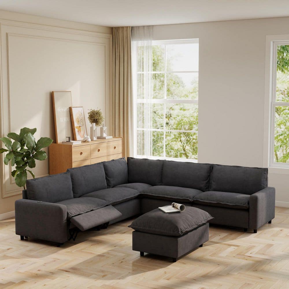 J&E Home 107.48 in. Square Arm 6-Piece Linen Modular Smart Electric ...