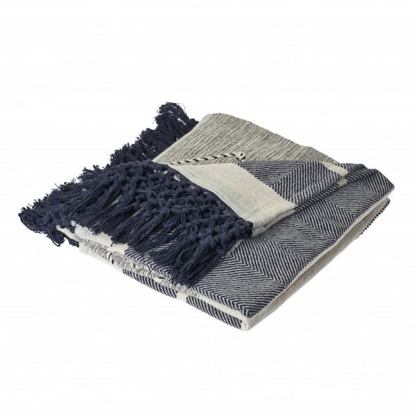 HomeRoots Charlie Black and Blue Striped Cotton Throw Blanket ...