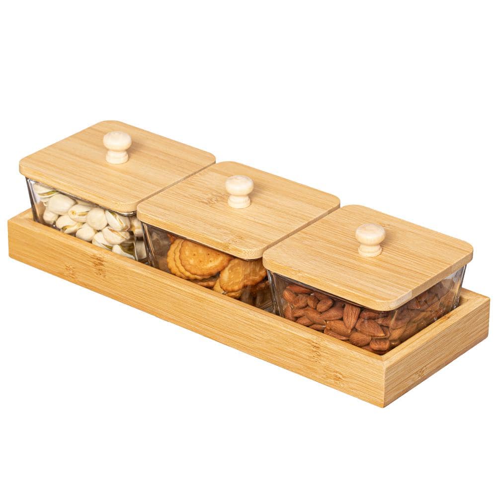 Set of 3 Square Glass Jars with Bamboo Lids and Wooden Tray ...
