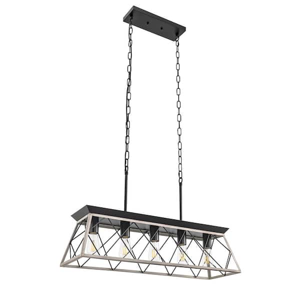 Briignite 5-Light Black and Oak White Farmhouse Chandelier Fixture for ...