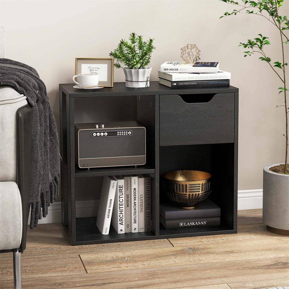 Costway 21 in. Tall Black Engineered Wood 3-Shelf Bookcase with Pull ...