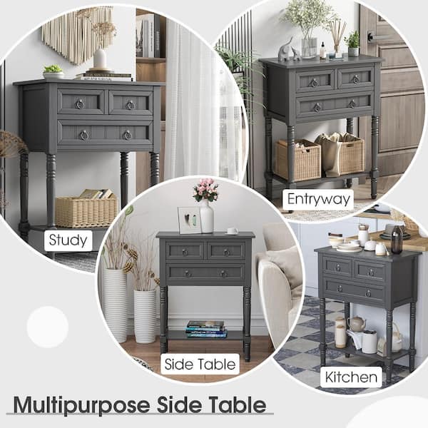 Costway 24 in. Dark Grey Wood Console Entryway Table With 3 Drawers Open Shelf for Hallway Living room M1C 10N703