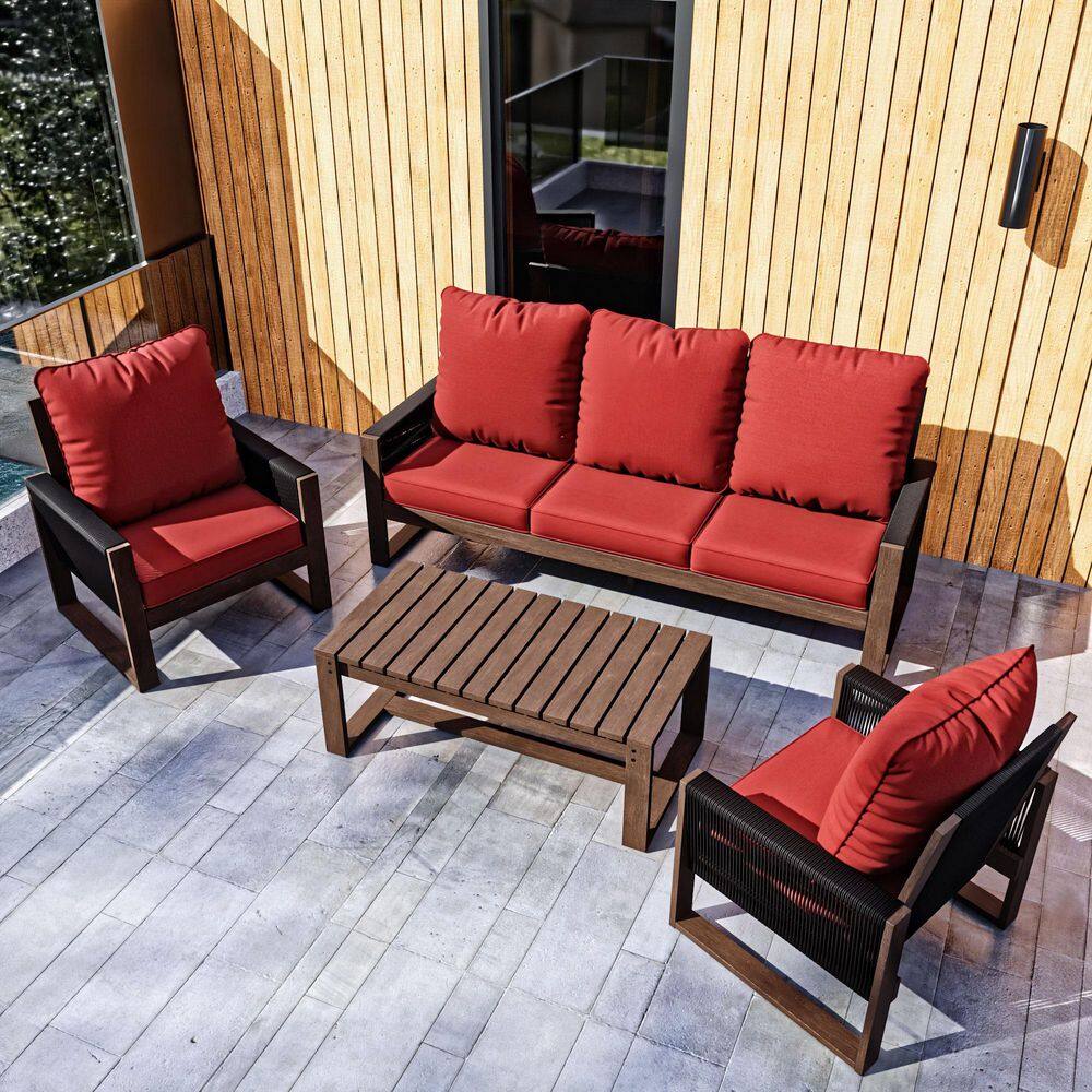 JOYSIDE Light Walnut Wood 4-Piece Wicker Patio Conversation Set Wooden ...