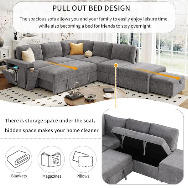 Harper Bright Designs 90.6 in. Fabric L Shaped Modular Sectional Sofa in Gray with USB Port Cup Holder Removable Ottoman Pull out Sofa Bed