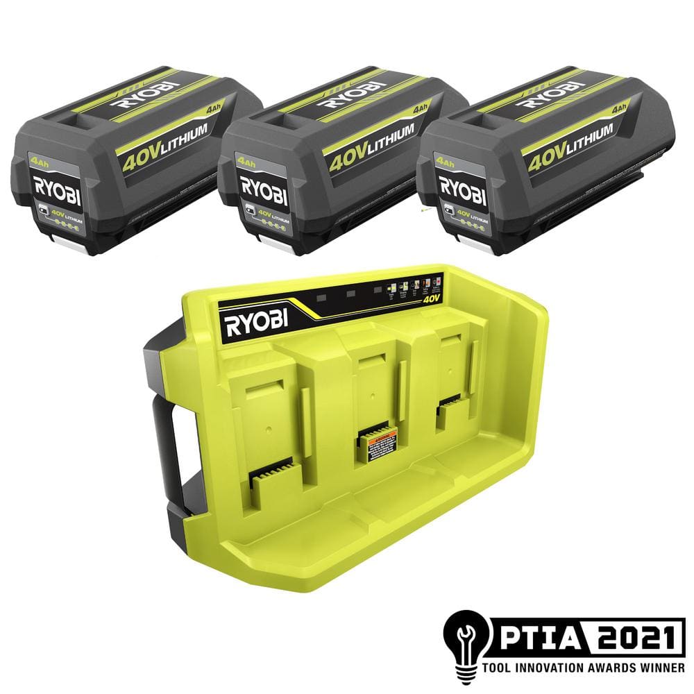 RYOBI 40V Lithium-Ion 3-Port Charger with (3) 4.0 Ah Batteries OP407A-4 ...