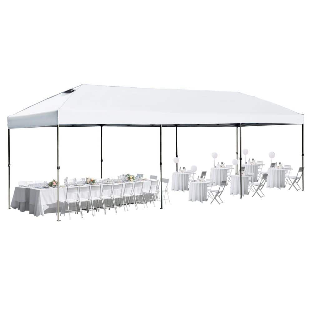 Zeus & Ruta 10 ft. x 30 ft. White Pop Up Canopy with Sidewalls and Wheeled Bag for Backyard ...