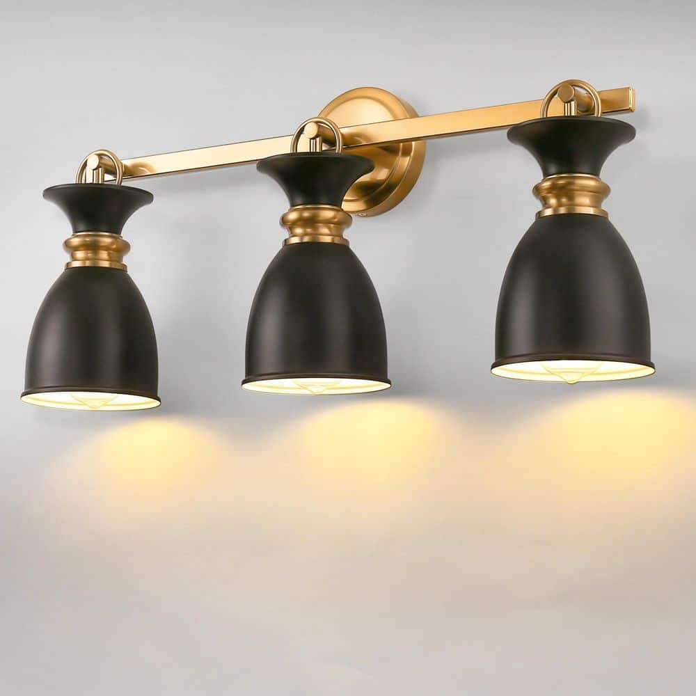 Briignite 25 in. 3-Light Modern Black and Gold Bell Vanity Light ...
