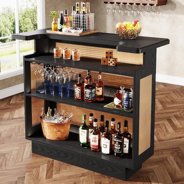 BYBLIGHT Kearsten Black 43.3 in. W Rattan Wine Cabinet, Farmhouse 4 ...