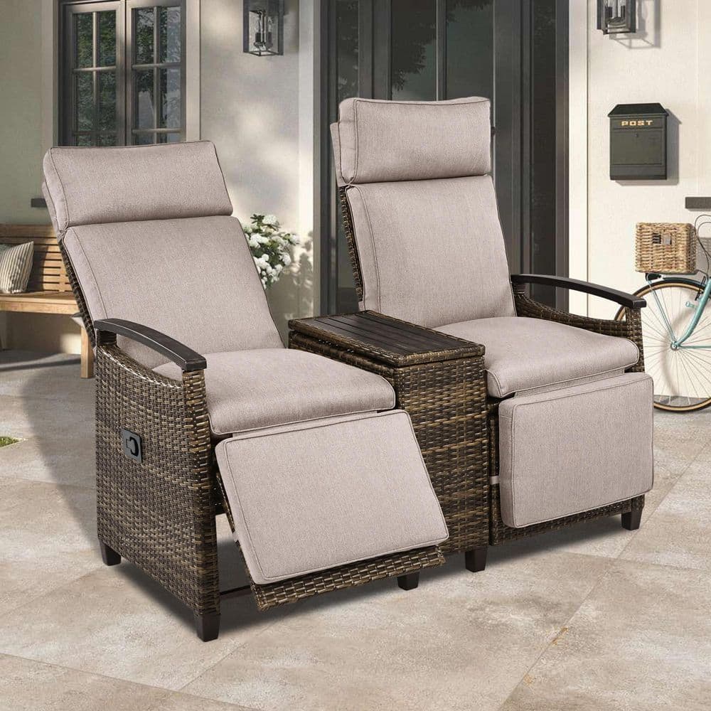 Brown 1-Piece Wicker Outdoor Recliner Chair Set with Storage Side Table ...