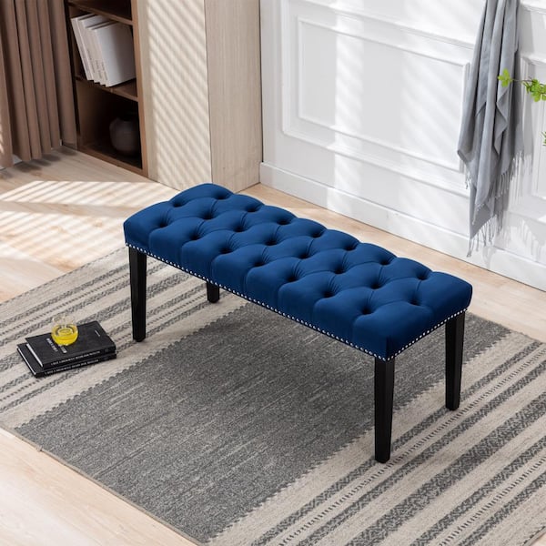 URTR Blue Velvet Upholstered Wood Bench Rectangle Tufted Ottoman Stool ...