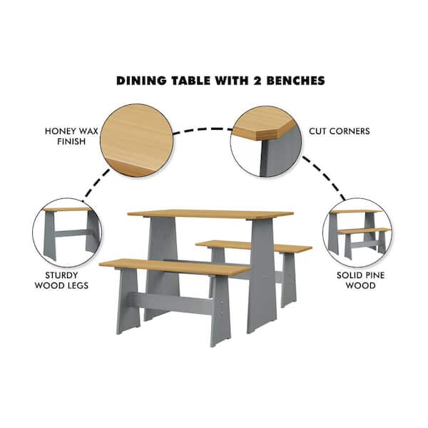 Dwell Home Inc Chapman Farmhouse 3 Piece Solid Pine Wood Dining Set with 2 Benches Natural Grey with Honey Finish DT T CH NG The Home Depot