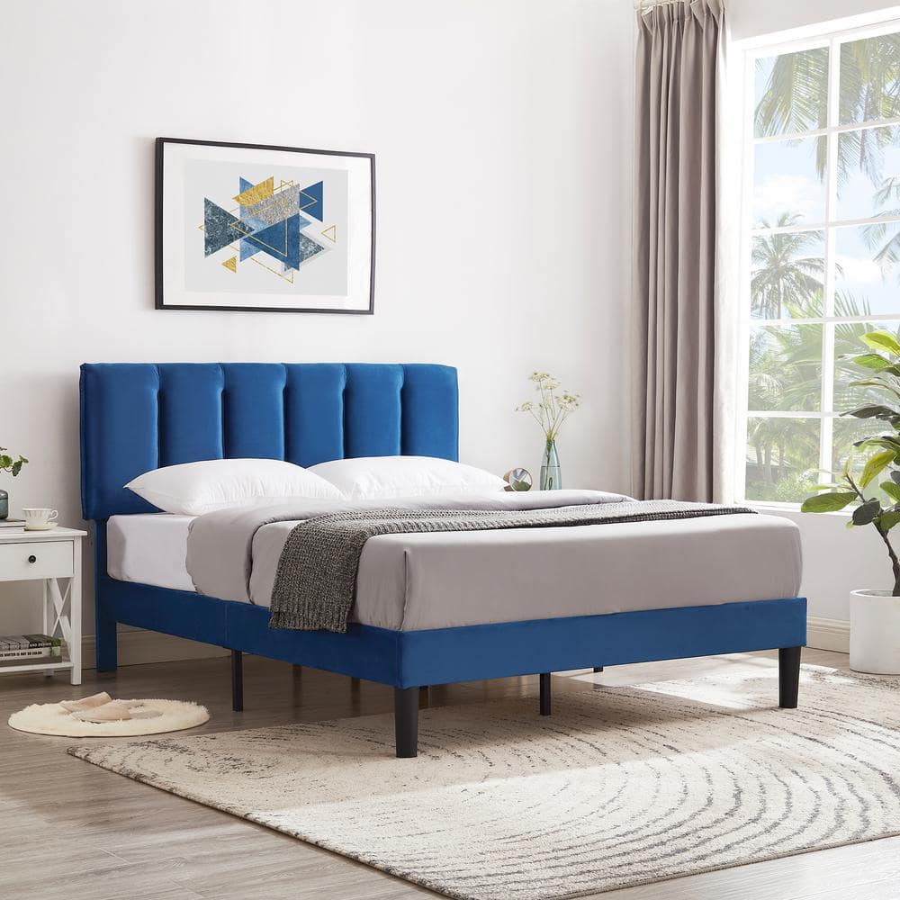 VECELO Upholstered Bedframe, Blue Metal Frame Full Platform Bed with ...