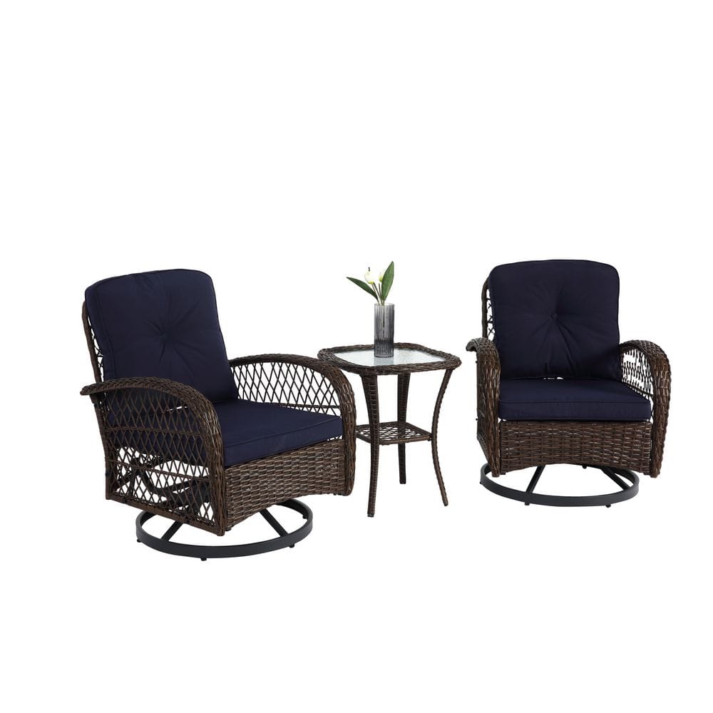 Lycvki 3 Pieces Metal Outdoor Rocking Chairs with Navy blue Cushions ...