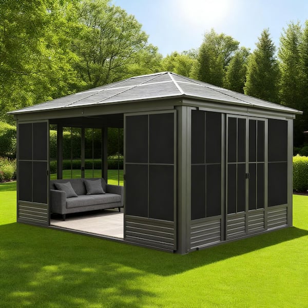 12 ft. x 14 ft. Outdoor Sunroom, Galvanized Steel Enclose Gazebo ...