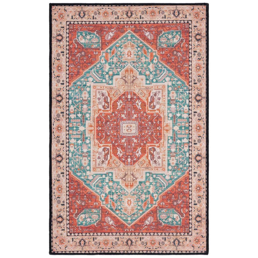 SAFAVIEH Tucson Aqua/Rust Doormat 3 ft. x 5 ft. Machine Washable Floral ...