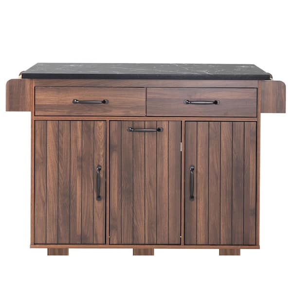 51 in. Walnut Brown Kitchen Cart with Cabinets, Drop Leaf, Spice Rack ...