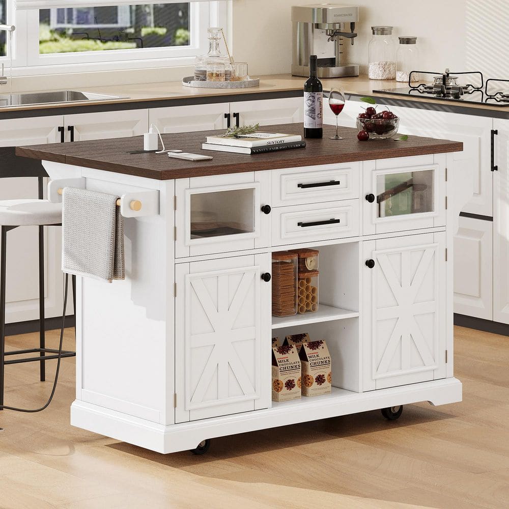 Qualler White Wood 54.9 in. Kitchen Island with Charging Station ...