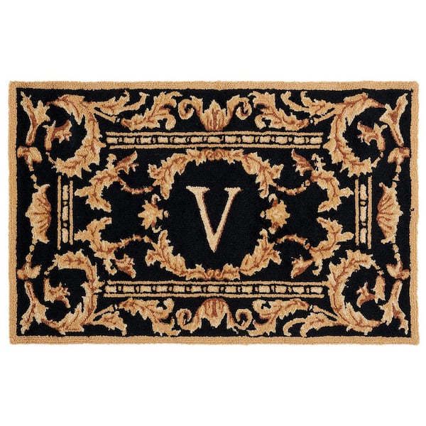 SAFAVIEH Monogram Black 3 ft. x 4 ft. "V" Ornate Leaf Indoor/Outdoor ...