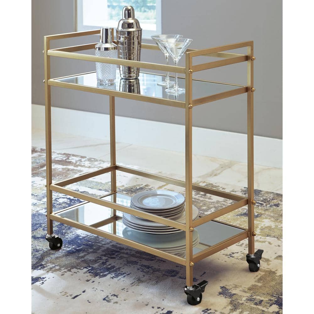 Signature Design By Ashley Kailman Gold/Mirror Bar Cart with 2-Mirrored ...