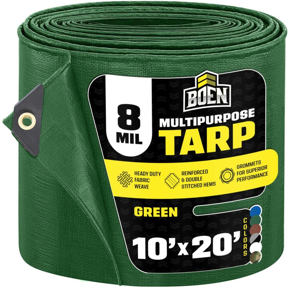 BOEN 10 ft. x 20 ft. Multi-Purpose Green Poly Tarp Cover 8 Mil Thick ...