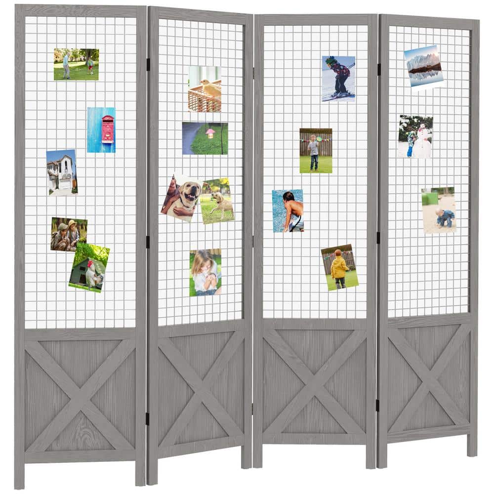 HOMCOM Gray 4-Panel 4.7 ft. Portable Room Divider, Partition Wall ...