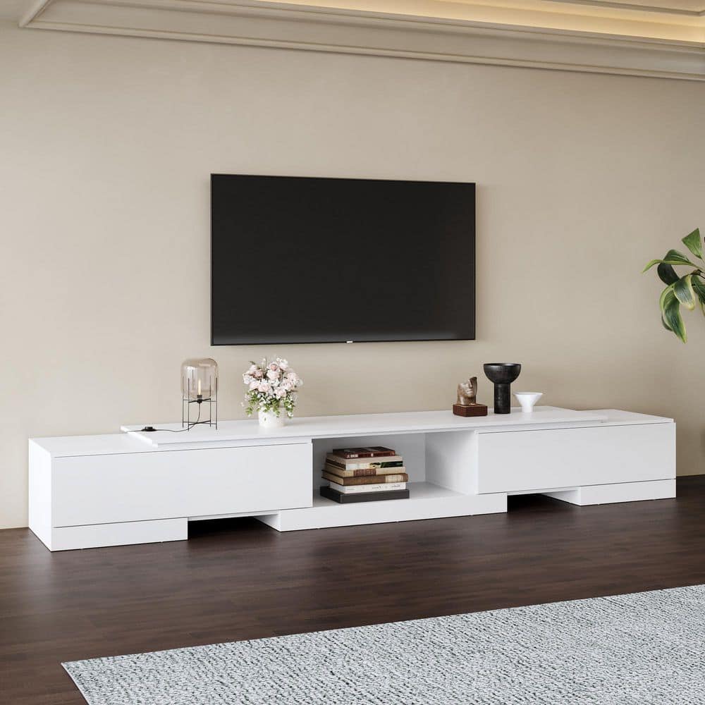 FUFU&GAGA 93.7 in. White Extendable Wood TV Stand Entertainment Center ...