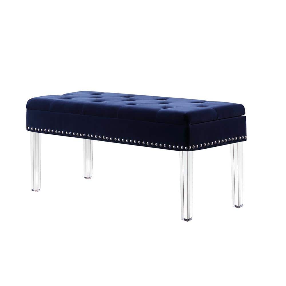 ORE INTERNATIONAL 18 in. Navy Blue Tufted Mid-Century Storage Bench ...