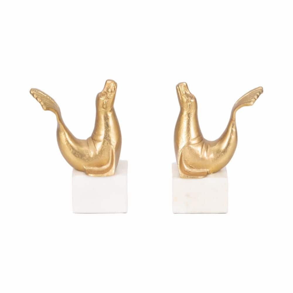 Liv & Skye 10 in. Gold Metal and Marble Sea Lion Bookends (Set of 2 ...