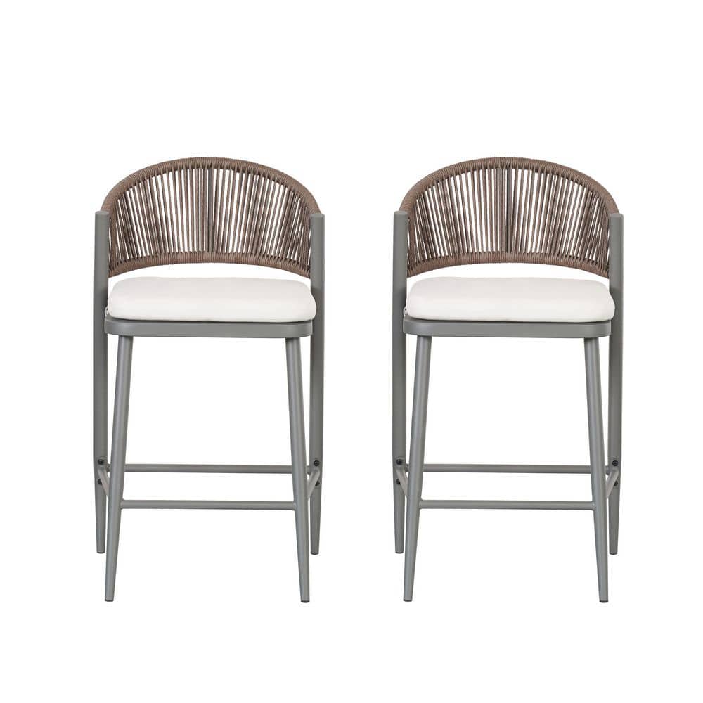 2-Piece Gray Aluminum Counter Outdoor Bar Stools with PE Rattan Scallop ...