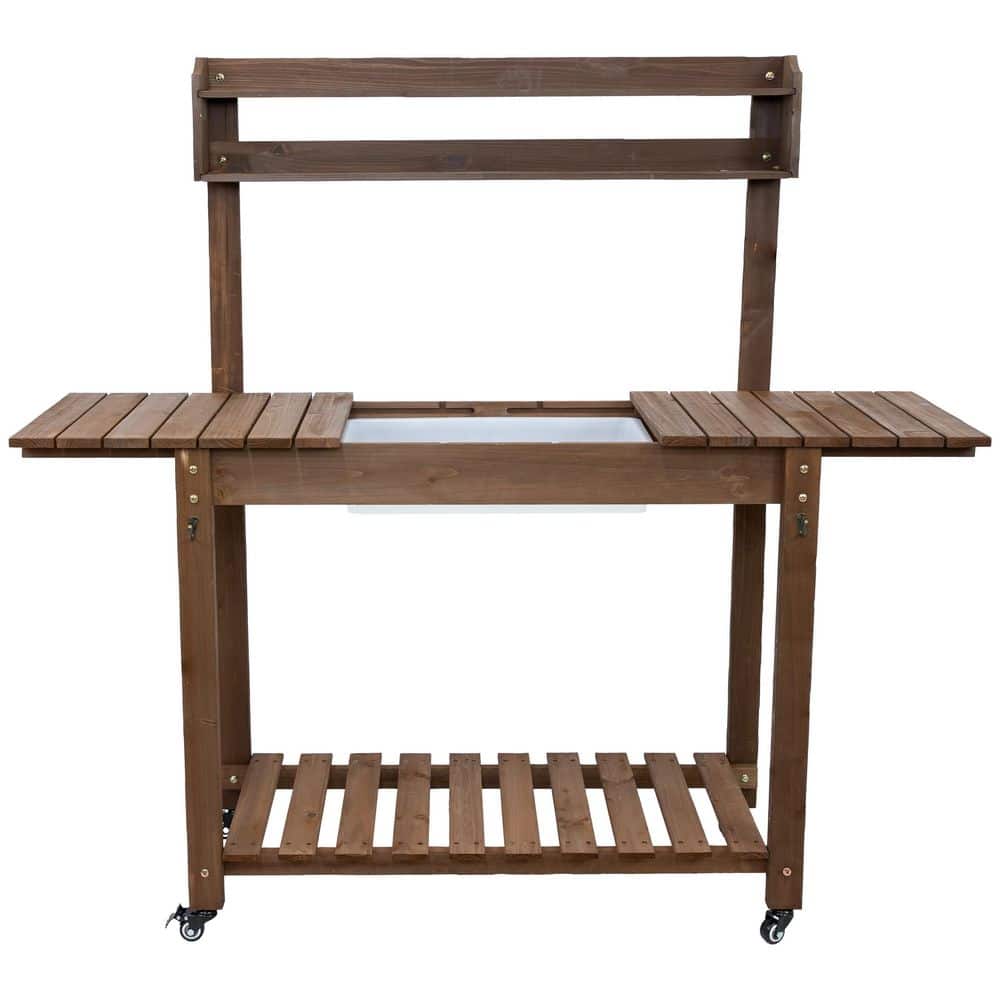 Sunnydaze Wheeled Wood Outdoor Potting Bench with Dry Sink-Brown-39.25 ...