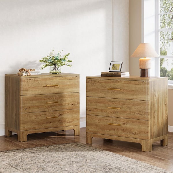 BYBLIGHT Fenley Light Brown Oversized Bedside Table with Gold Handles ...