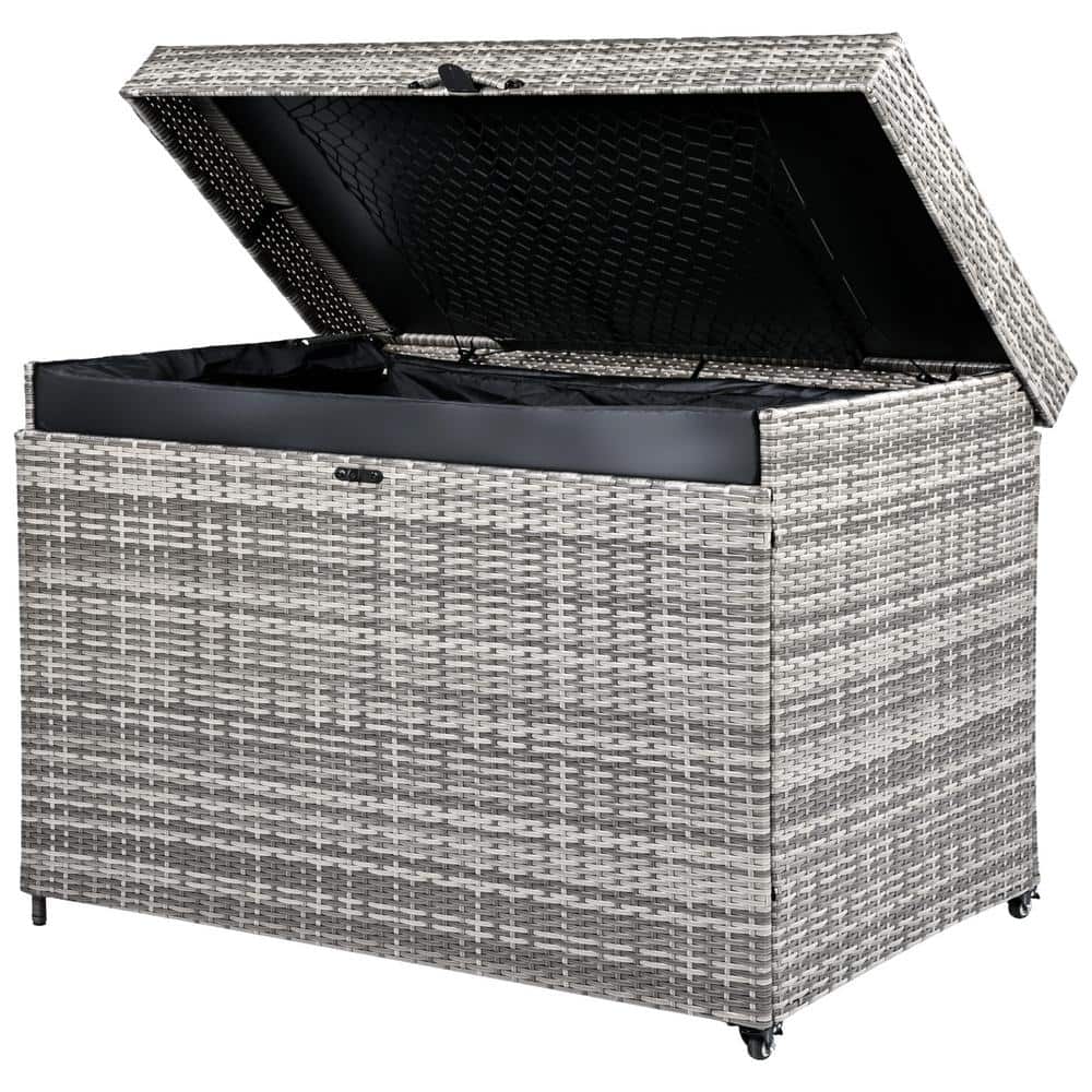 Tenleaf 230 Gal. All-Weather Gray Wicker Deck Box Storage Box with 2 ...