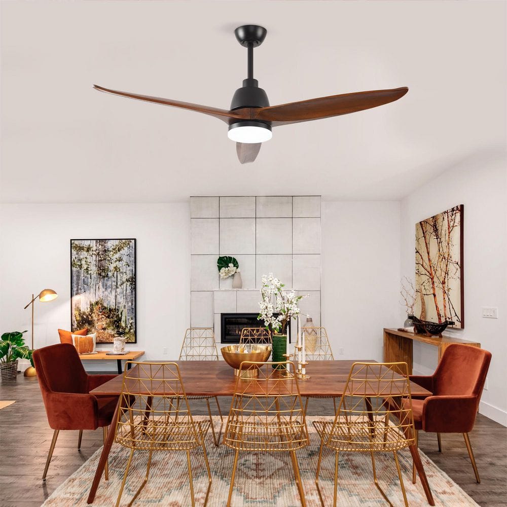 LINJO 52 in. Indoor Black 3-Durable Soild Wood Downrod Ceiling Fan with ...