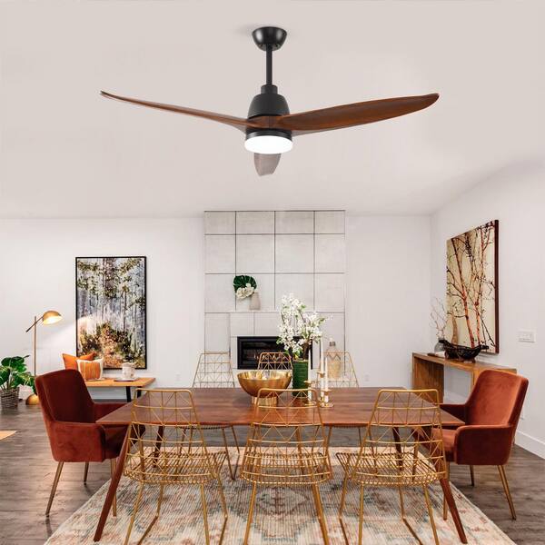 LINJO 52 in. Indoor Black 3-Durable Soild Wood Downrod Ceiling Fan with ...