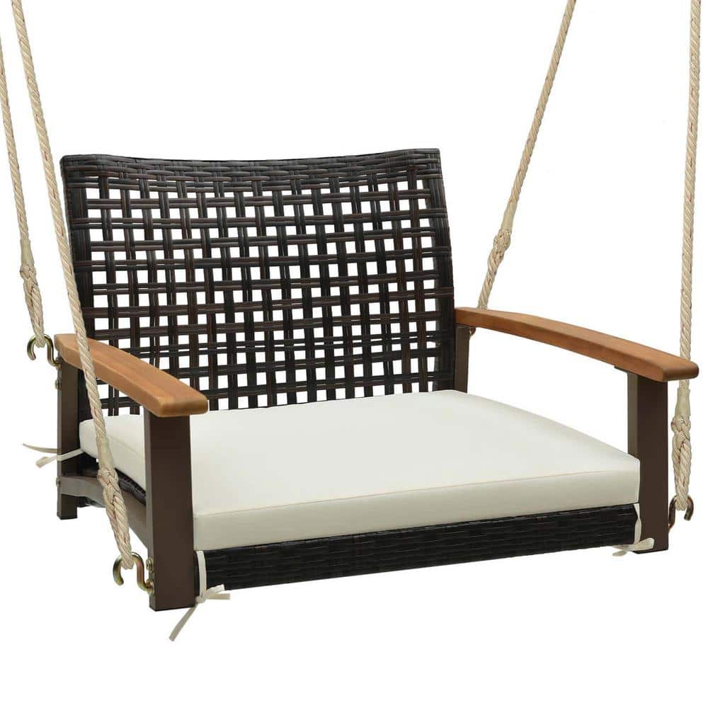 Costway 1-Person Wicker Outdoor Single Swing Chair Bench Rattan Porch ...