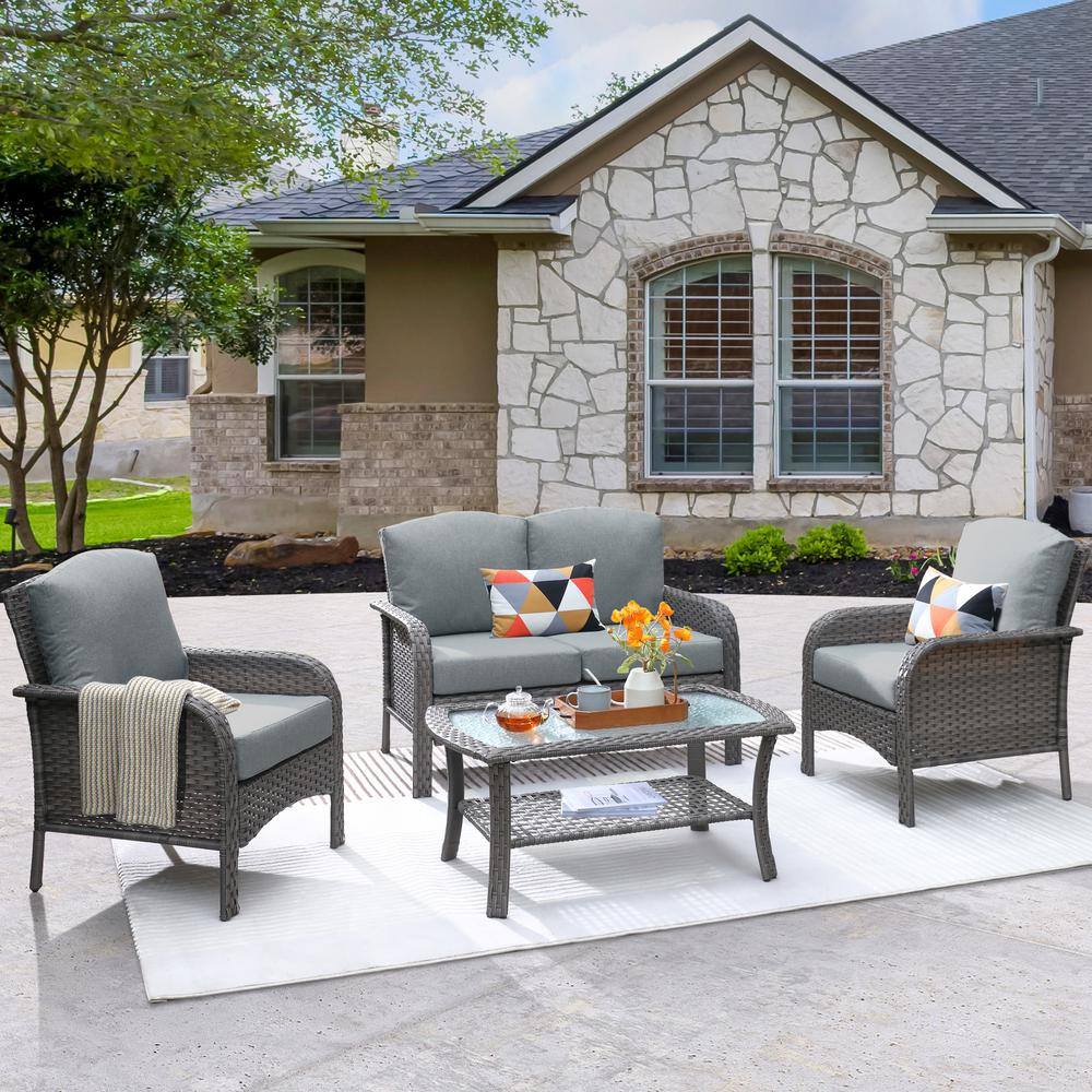 weaxty W Hyacinth Gray 4-Piece Wicker Patio Outdoor Conversation ...