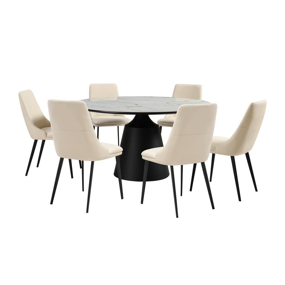 Armen Living Knox Genesis 7-Piece Round Stone Top Beige Dining Set ...