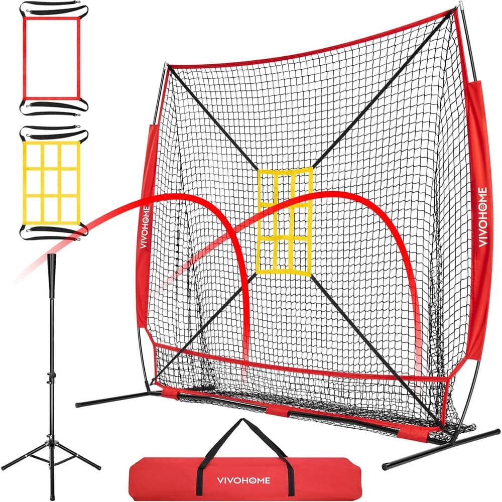 VIVOHOME 7 ft. x 7 ft. Red Baseball Softball Hitting Net with Strike ...